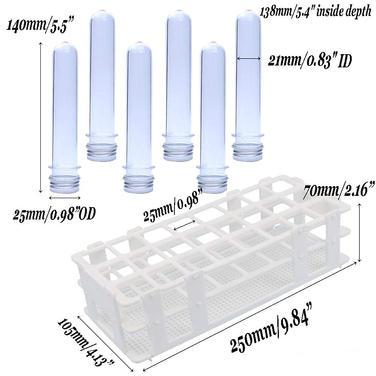 15 Pack Test Tubes with Rack - Buytra 40ml Clear Plastic Test Tube Gumball Candy Tube with Caps 25x140mm - 24 Holes Detachable Test Tube Rack Holder for 25mm Tubes
