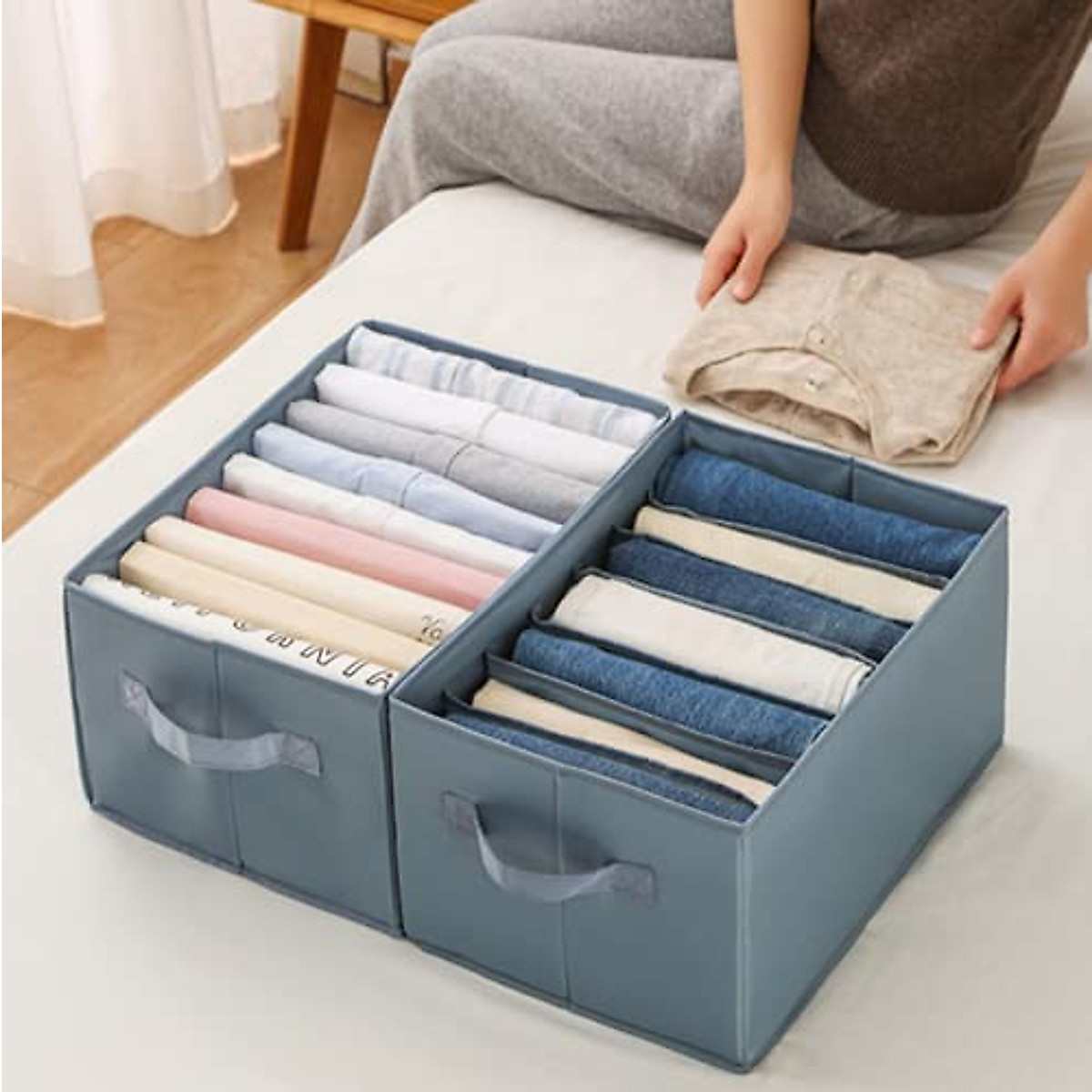 HAN SHENG 2 Pcs Folded Clothes Organizer Wardrobe Clothes Organizer Closet Drawer Organizers for T-shirts Dresses Blouses Base Shirts (9 Grids Dividers, Grey)