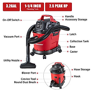 Vacmaster Red Edition VHB305M 1101 Wall Mount Wet Dry Vacuum 3.2 Gallon 2.5 Peak HP