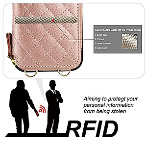 Bocasal iPhone 14 Pro Max Crossbody Wallet Case, RFID Blocking, PU Leather Zipper Handbag, Kickstand Folio with Card Slots & Wrist Strap - Rose Gold