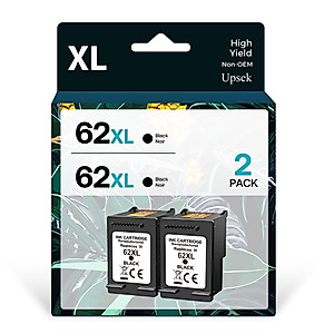 Upsek Remanufacture 62XL Black Ink Cartridge Compatible Ink 62 XL Replacement with HP Officejet 250, HP Envy 5660 7640 5540 5640 5541 5643 7643 7645 (2-Pack Black)