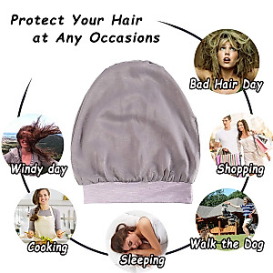Satin Bonnet Hair Wrap for Sleeping - Hat for Curly Hair and Braids Adjustable Stay on Lined Silk Bonnets Scarf Hair Cover for Lady Lightweight Light Thin Jersey Chemo, Gifts for Women Dark Grey