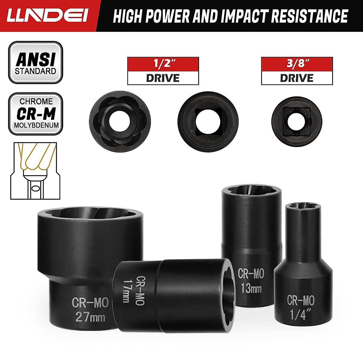 LLNDEI Upgrade Lug Nut Remover Bolt Extractor Set ½ in. and ⅜ in. Drive, Impact Bolt Nut Remover Socket Tool, Chrome-Molybdenum Steel, 1/2"&3/8" Dr. Twist Socket Set with Black Case (22PCS)