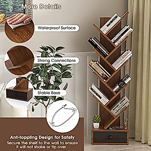 OFFICEJOY 10-Tier Tree Bookshelf, Floor Standing Bookshelf with Drawer, Small Bookcase for CDs, Books, Magazines,Utility Organizer Shelves for Living Room, Study, Bedroom, Office, School, Brown