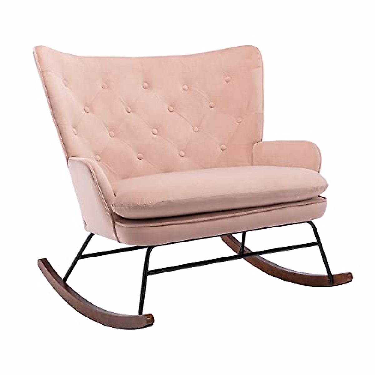 HomVent Velvet Nursery Rocking Chair Modern Upholstered Double Rocker Armchair with Tufted High Backrest Relax Rocking Loveseat Chair Accent Glider Rocker for Living Room, Bedroom, Baby Room, Pink