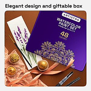 ARTISTRO Watercolor Paint Set, 48 Vivid Colors, Including Metallic and Fluorescent Colors. Perfect Travel Watercolor Set for Artists, Amateur Hobbyists and Painting Lovers