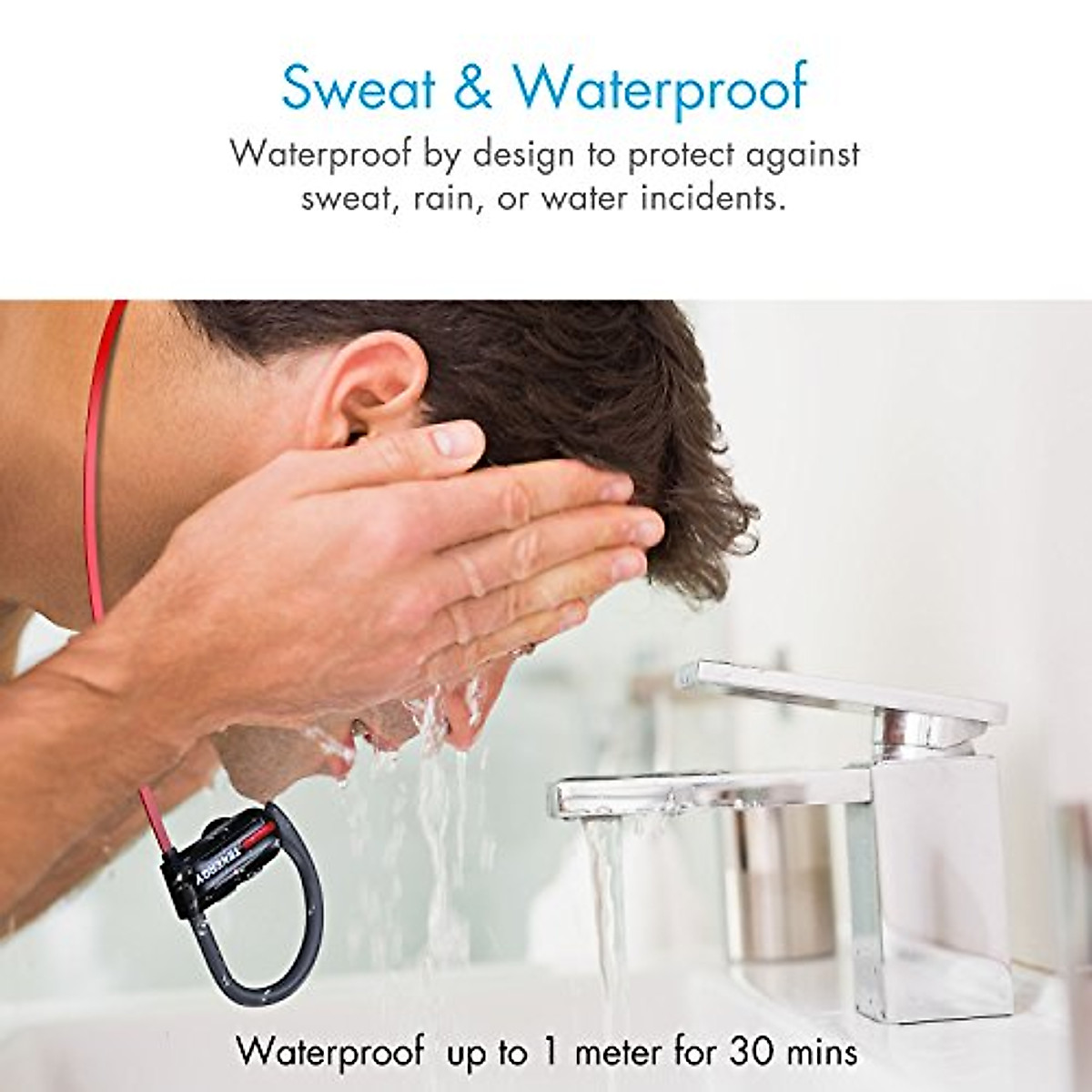 Tenergy T20 Wireless Bluetooth Headphones, IPX7 Sweatproof, Running Earphones, Noise Canceling 8-Hour Working Time, in-Ear Bluetooth V4.1 Stereo Earbuds with Mic, Bonus Sport Armband