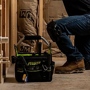 AWP 12 Inch Pro Tool Tote with Rotating Handle for Easy Tool Access, Water-Resistant Construction, Black/Green