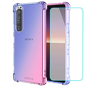 Vokuha for Xperia 1 II Case, XQ-AT51, XQ-AT52 Case with Tempered Glass Screen Protector,Cute Clear Gradient Slim Shockproof TPU Back Phone Protective Cover for Sony Xperia 1 II (Blue/Pink)