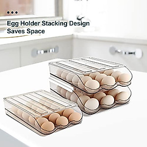 MesRosa Egg Holder , Automatically Rolling Egg Storage Container for Refrigerator,Large Capacity Organizer for Fridge with Lid,Clear Plastic Egg Dispenser, Tray & Bin -2 Layer