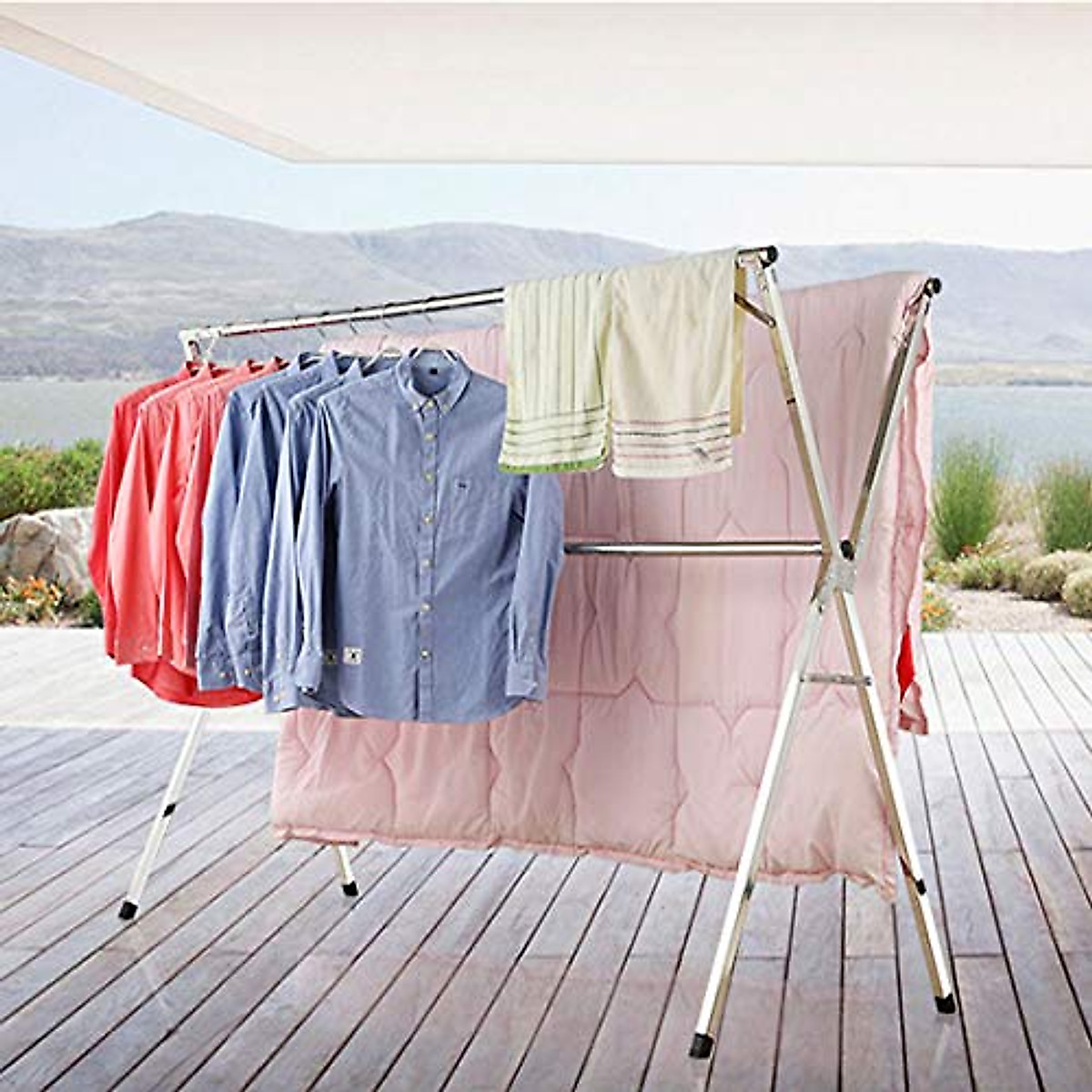 RELIANCER Free Installed Clothes Drying Rack Stainless Steel Foldable Rack Hanger Space Saving Retractable 43.3-59 inch Clothes Rack Adjustable Clothes Hanger Rolling Rack with 4 Casters & 10 Hooks