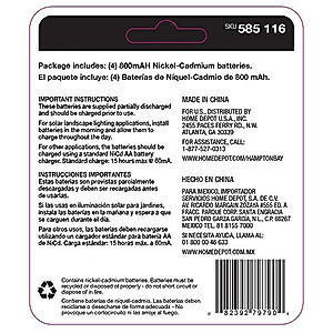 Hampton Bay 79790 Replacement 1.2V (800 mAh) NiCd Solar Batteries for Outdoor Solar LED Lights, Set of Four Batteries