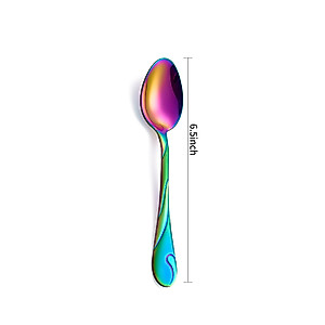 Rainbow Dessert Spoons, Seeshine 6.5-inch Stainless Steel Shiny Rainbow Teaspoon, Espresso Coffee Spoon, Tea Spoons Silverware, Set of 6
