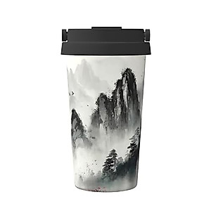 GTKSYNVE Reusable Coffee Mug with Lid and Handle, Ink Painting Style Mountain Tumbler for Hot & Cold Drinks 16oz Stainless Steel Insulated Coffee Tumblers Double Wall Vacuum Thermal Cup
