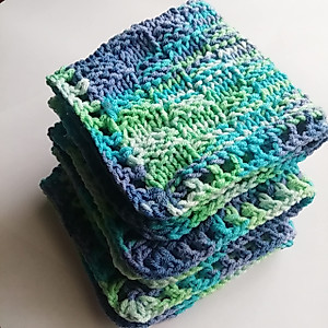 Cotton colorful dishcloth set of 3, Knitted absorbent bright mini towels Dark blue-light green crochet square rags ecology
