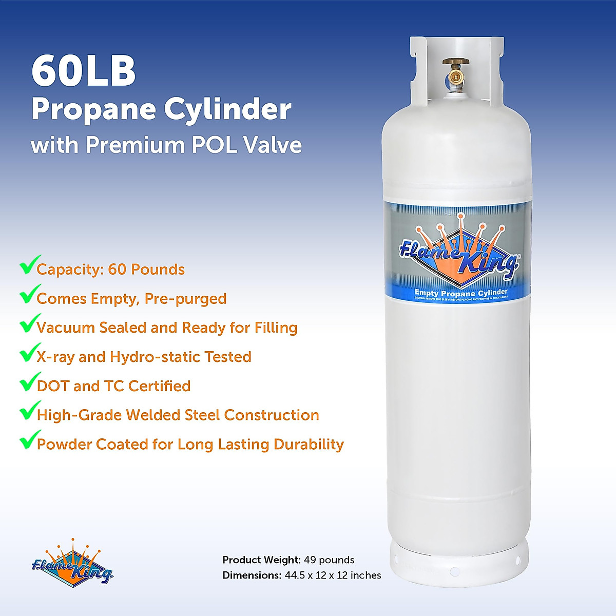 Flame King YSN60LB 60LB POL Steel Propane Tank Refillable Cylinder for RV, Lunch Truck, White