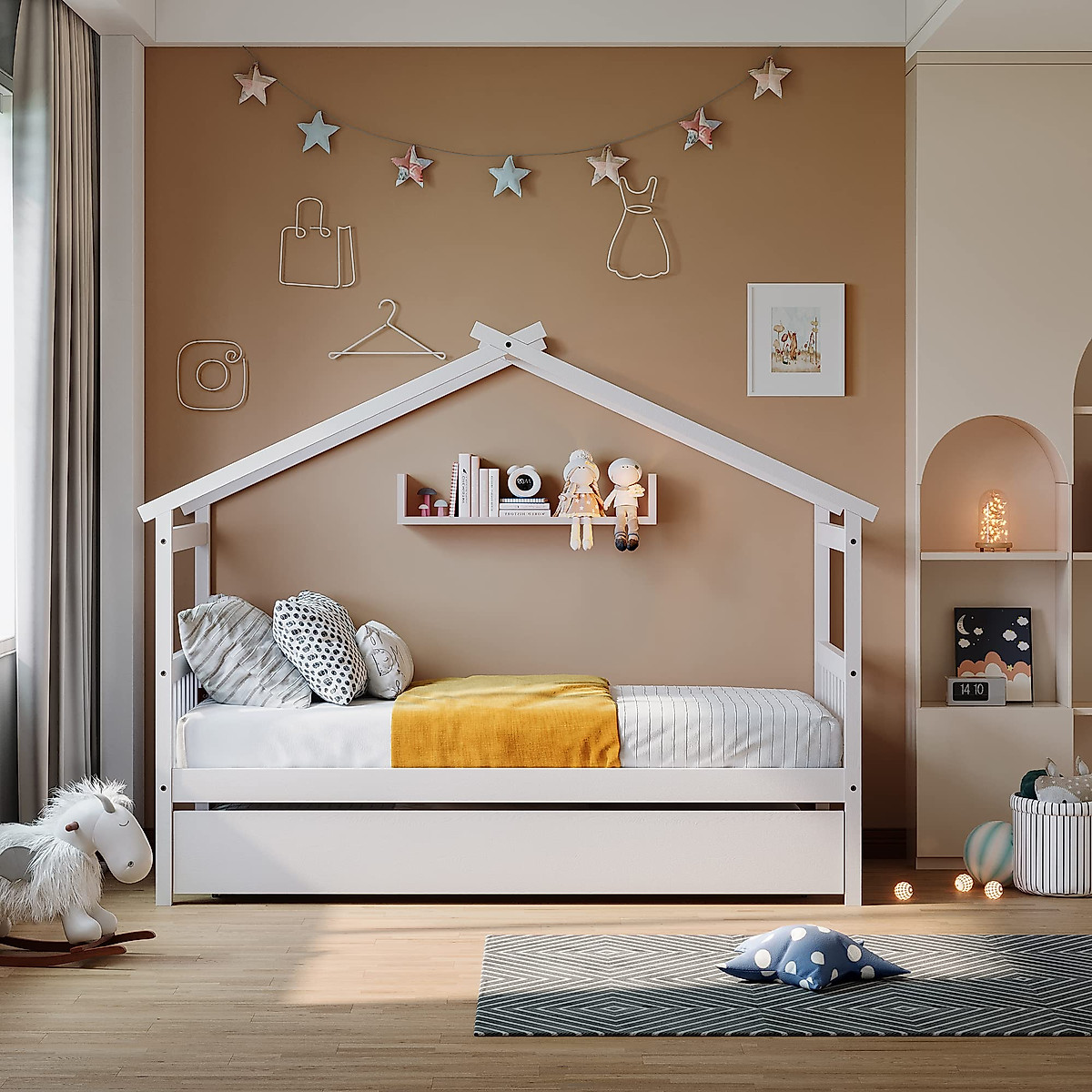 GOWE Twin Size Wooden House Bed with Twin Size Trundle, White