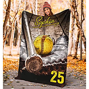 OhaPrints Custom Softball Old School Ball Gift for Fan Lovers Personalized Name Number Soft Sherpa Throw Blankets Cozy Fuzzy Fleece Throws for Tv Sofa Couch Comfy Fluffy Blanket 30X40 50X60 60X80