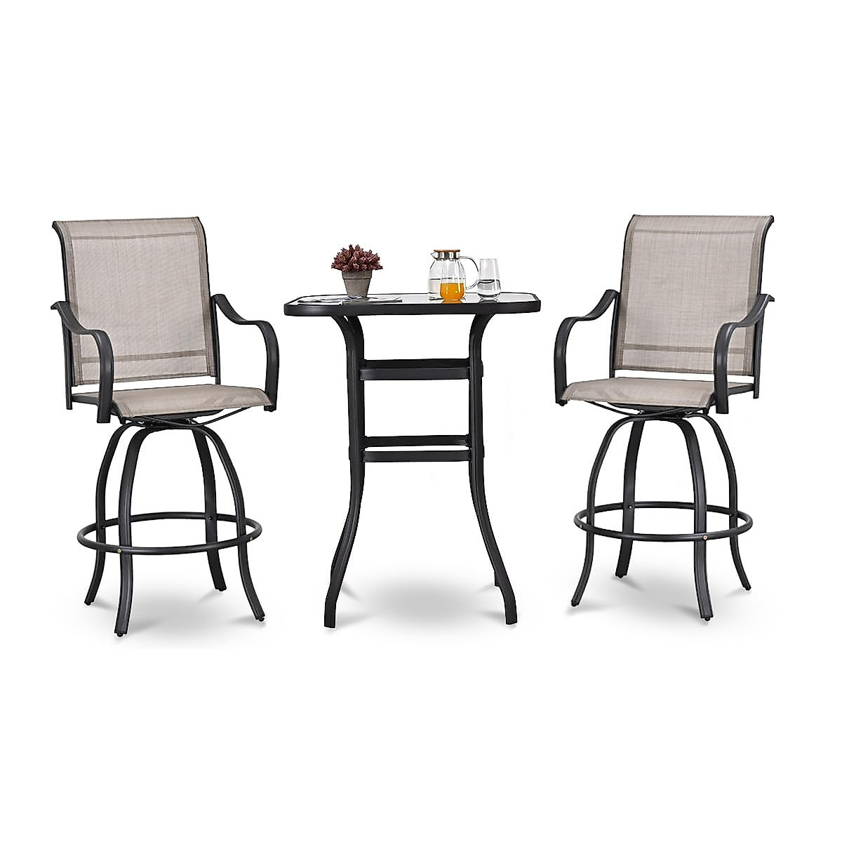 ARTLOFT 3 Piece Patio Bar Set Outdoor High Top Table and Chairs 360° Swivel Chairs Tall Patio Table with Tempered Glass Top Outdoor Bistro Furniture for Porch, Yard, Garden, Balcony, Deck (Grey)