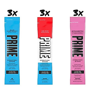 Prime Hydration+ Sticks Variety Pack - ICE POP, BLUE RASPBERRY, STRAWBERRY WATERMELON | Electrolyte Drink Mix | Easy Open Single-Serving Sticks | Caffeine Free| Gluten Free | Prime Hydration Drink Sticks (9 Count Assortment)