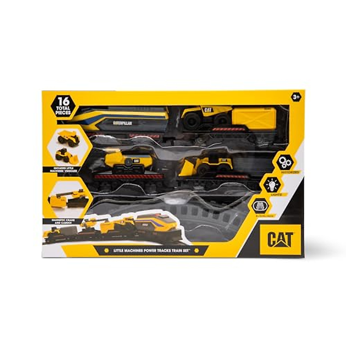 CAT Construction Toys, Little Machines Power Tracks Battery Operated Train Set, Engine with working headlight, 3 Rail Cars, Working Crane, 2 Magnetic Cargo Containers, and 2 CAT Trucks for Kids