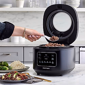 West Bend Programmable Rice & Grain Cooker with 7 Preset Functions, Includes Delay Start and Keep Warm, Features Easy View Window & Steam Basket, 12 Cups Cooked (6 Uncooked), Black
