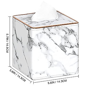 GOLRANLYE Tissue Box Cover Square PU Leather Facial Tissue Box Holder for Dresser Bathroom Decor (White Marble Pattern)