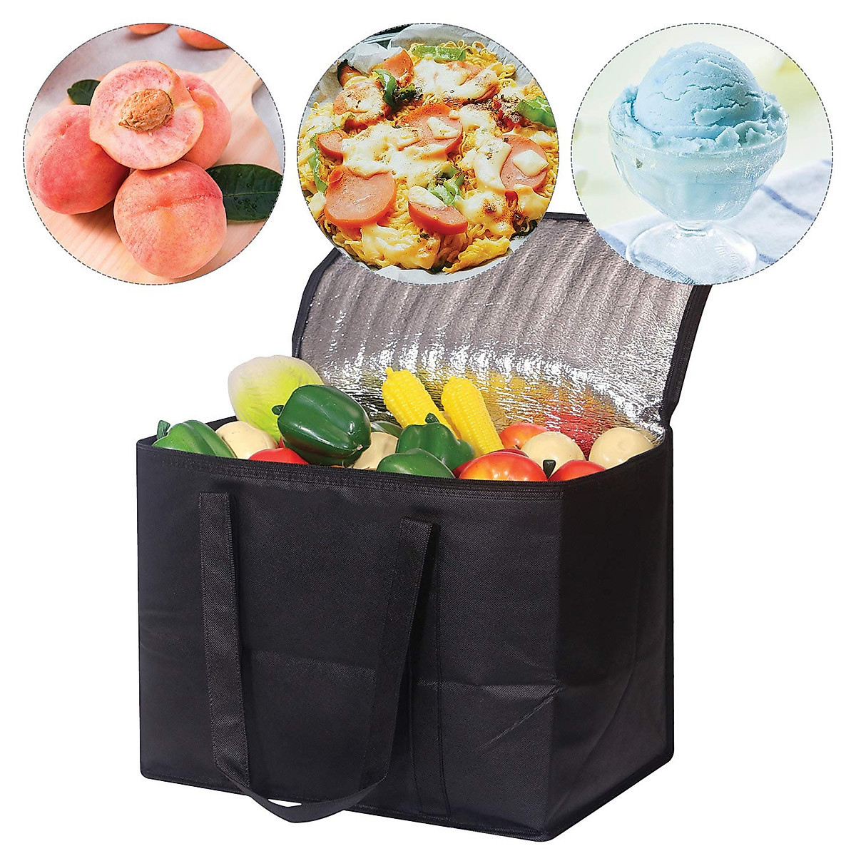 Set of 4 Large Insulated Reusable Grocery Bags with Sturdy Zipper and Handles, Foldable Washable Heavy Duty Cooler Totes for Hot or Cold Food Delivery, Groceries, Travel, Shopping