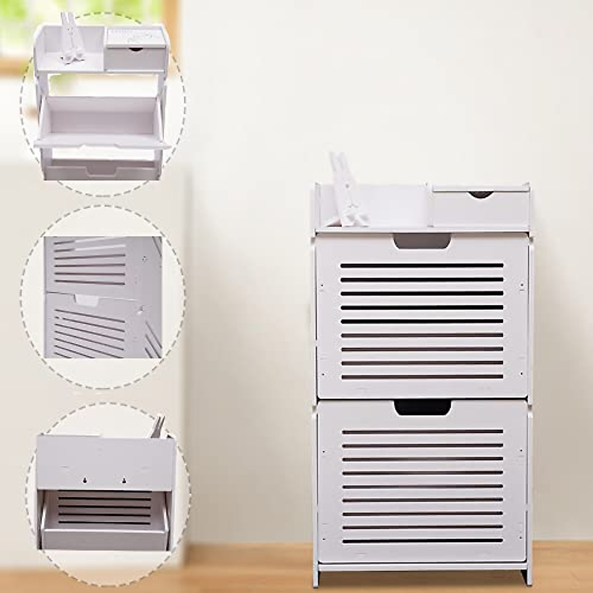 Shoe Cabinet 2Tier Shoe Storage Cabinet Tipping Bucket Design Narrow Shoe Cabinet 4 Pairs Shoes Capactiy Floor Shoes Cabinet with Doors White Shoe Rack Storage Organizer
