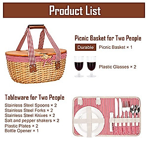 Wicker Picnic Basket Set for 2 with Double Wooden Lids & Handles, Country Style Picnic Hamper with Cutlery Service Kits - Flatware Set, Willow Storage Basket W/Lining for Camping (Red Stripe)