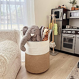 CherryNow Wicker Laundry Basket Tall Woven Hamper, Blanket Storage Basket for Living Room, Entryway, Toy Basket for Nursery, Decorative Clothes Hamper for Bedroom, White & Jute, 51L, 15 x 17.7 inches