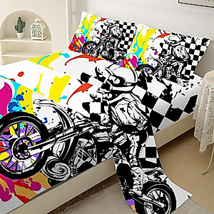 VTKON Sports Twin Kids Sheets Set for Boys Soft and Fluffy Motocross Bedding Set Breathable Motorcycle Decor for Boys Bed Set Kids Tie Dye Bedding Set with 1 Flat Sheet, 1 Fitted Sheet & 1 Pillowcase