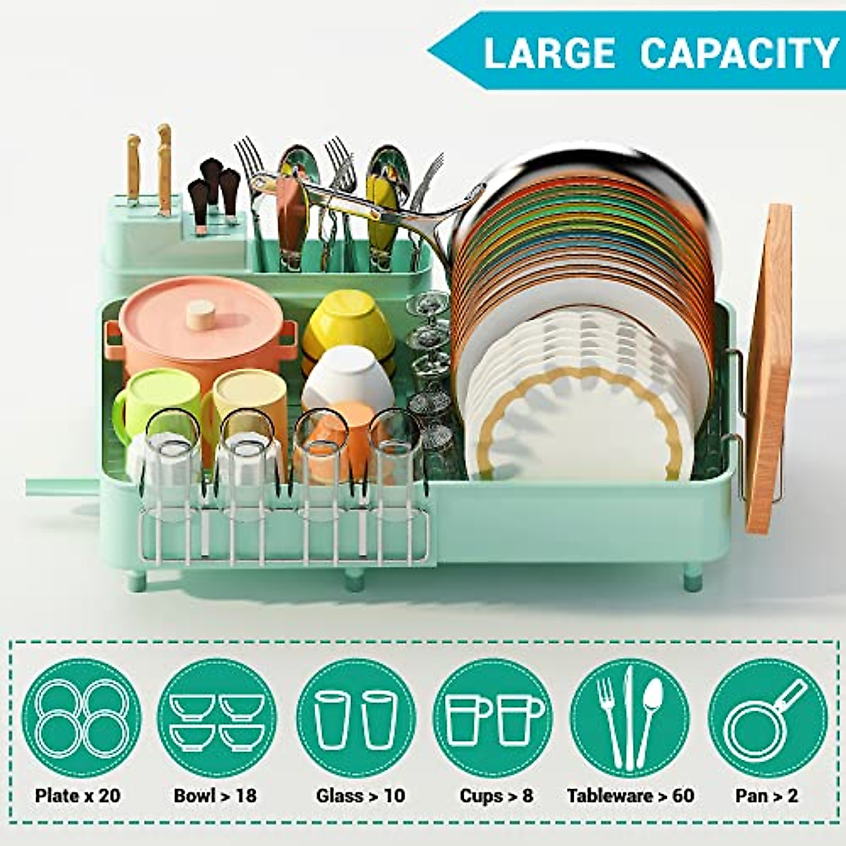 ADBIU Large Dish Drying Rack with Drainboard Set（12.8" - 20"） Expandable Compact Dish Drainer, 1 Piece Cyan