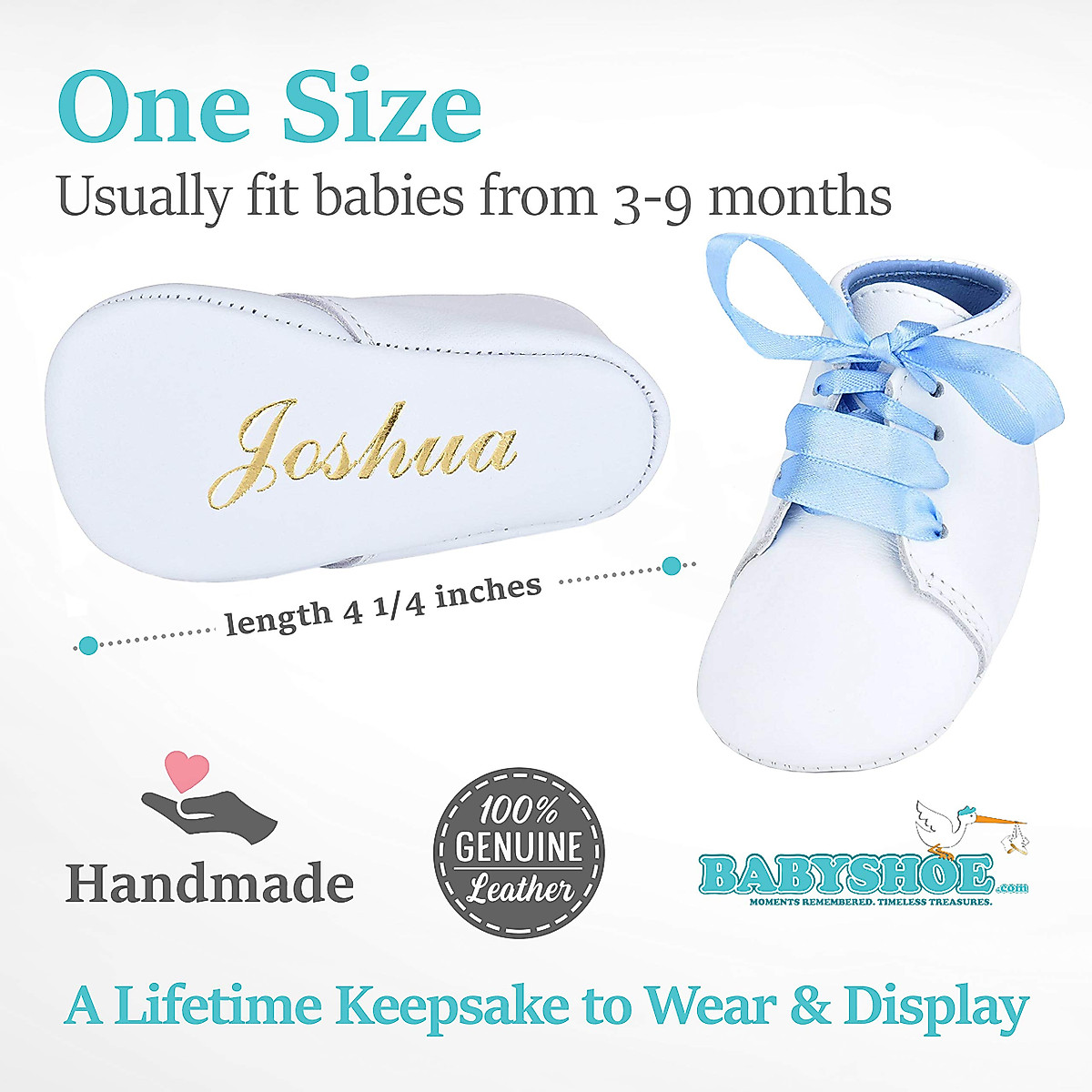 BabyShoe Personalized Baby Boy Christening Shoes – Baptism Leather Lace Up Shoes with Hand Embossed Name & Date – Special Occasion Newborn Church Shoes with Blue Ribbon - Great Idea