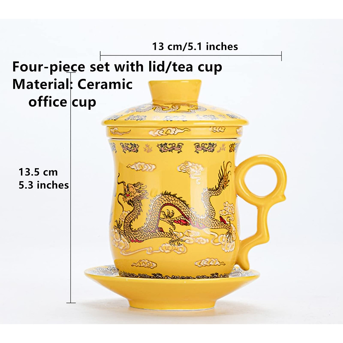 TONGMAN Blue and White Porcelain Tea Cup Infuser 4-Piece Set with Tea Cup Lid and Saucer 13.5oz Loose Leaf Tea Brewing System for Travel Office Chinese Dragon Pattern Tea Cup