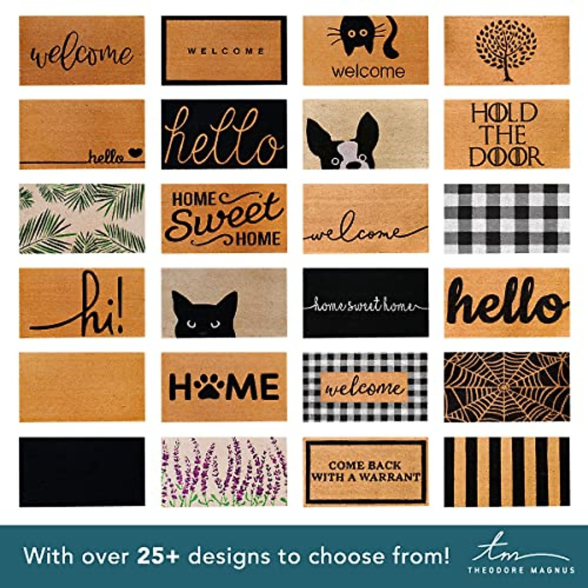 THEODORE MAGNUS Natural Coir Doormat with Non-Slip Backing - 17 x 30 - Outdoor/Indoor - Welcome Mats - Natural - hi! - COIR-1730-15-161