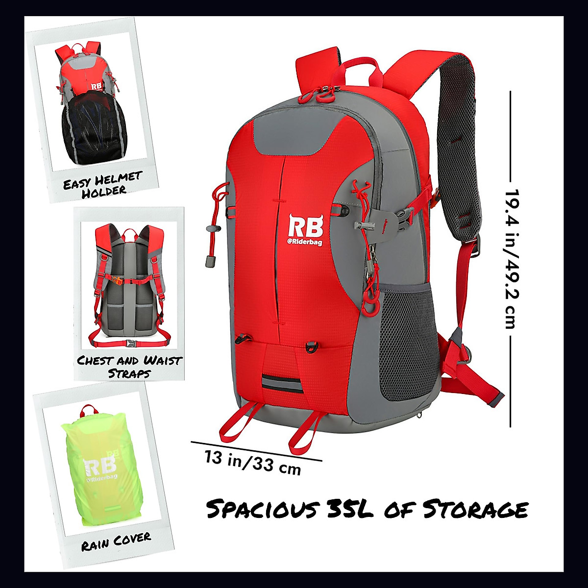 riderbag Reflective Motorcycle Backpack 35L, Lightweight Water-Resistant Daypack with Laptop Pocket for Commuting, Biking, and Daily Use – Red