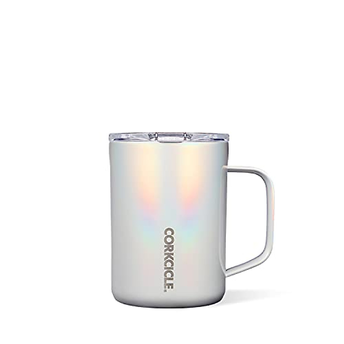 Corkcicle 16 Ounce Coffee Mug Triple Insulated Stainless Steel Cup with Clear Lid and Silicone Bottom for Hot Drinks, Prismatic