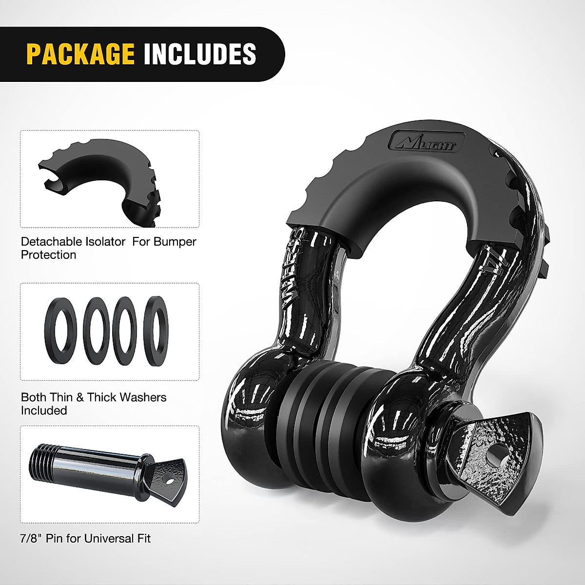 Nilight - 90052B 2 Pack 3/4" D-Ring Shackle 4.75 Ton (9500 Lbs) Capacity with 7/8" Pin Heavy Duty Off Road Recovery Shackle with Isolators & Washer Kit for Jeep Truck Vehicle , Black