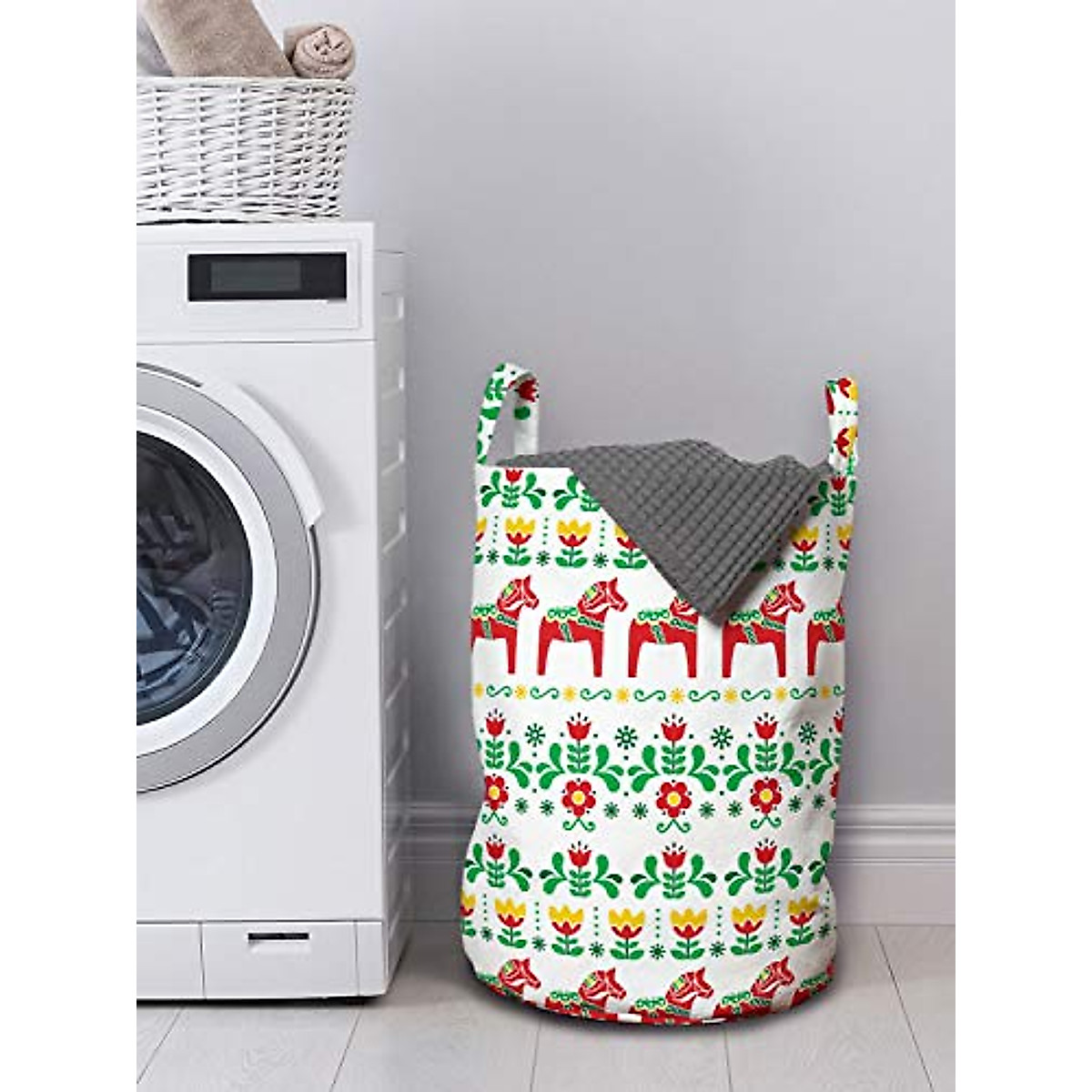 Ambesonne Folk Art Laundry Bag, Scandinavian Themed Pattern of Swedish Dala Horse and Flowers, Hamper Basket with Handles Drawstring Closure for Laundromats, 13" x 19", Green Vermilion