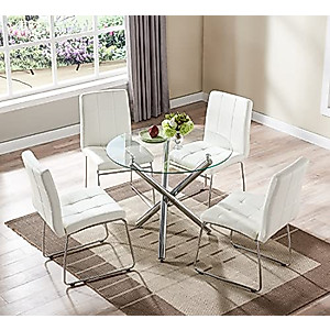 Modern Round Glass Dining Table Set for 4 - Faux Leather Metal Frame Chairs and Tempered Glass Table - 5 Pieces Kitchen Dining Table Set for Dining Room, Kitchen, Dinette, Compact Space (White)