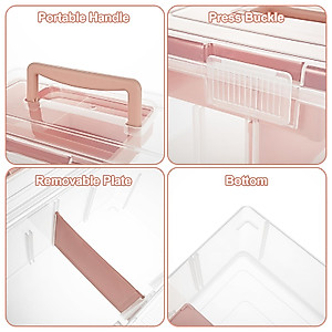 2 Pack Small Portable Plastic Storage Box for Beauty Ornaments Hair Nail Accessories, 2 Layer Cosmetic Case with Handle & Removable Tray & a Divider, Sewing Box Organizer, Art Box (Clear & Pink)