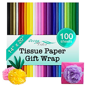 Ocean Tides Tissue Paper Gift Wrap - Bulk Wrapping 100 Sheets Assorted Multicolor, 38 X 50 cm - Bulk Wrapping 100 200 300 or 500 Sheets Assorted Multicolor Black Blue Fuchsia Gold Green Orange Pink Purple Silver White Yellow