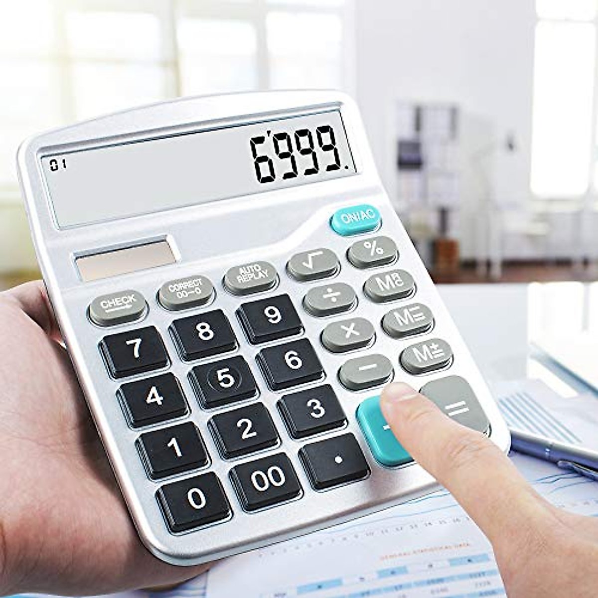 Calculator,12-Digit Solar Battery Basic Calculator,Solar Battery Dual Power with Large LCD Display Office Calculators (Silver)
