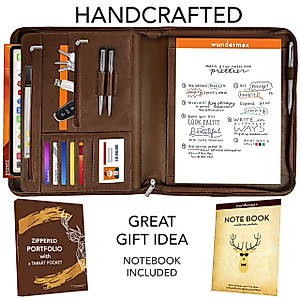 Wundermax Vegan PU Leather Portfolio with Zipper - Business Notebook Organizer for Resume - Padfolio for Men & Women w/Notepad Compatible with 10" iPad/Tablet Pocket Aesthetic School Suppliers, Brown