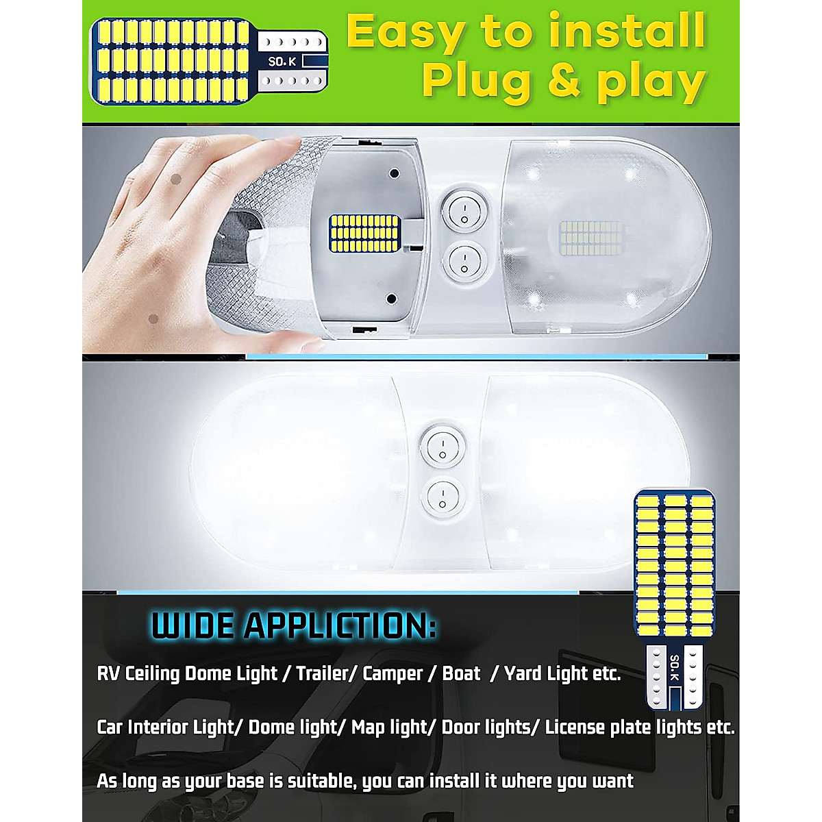 UNXMRFF - Super Bright Natural White T10 921 922 912 LED Bulb for 12V RV Ceiling Dome Light/RV Interior Lighting/Travel Trailer/Camper/Boat (Pack of 10)