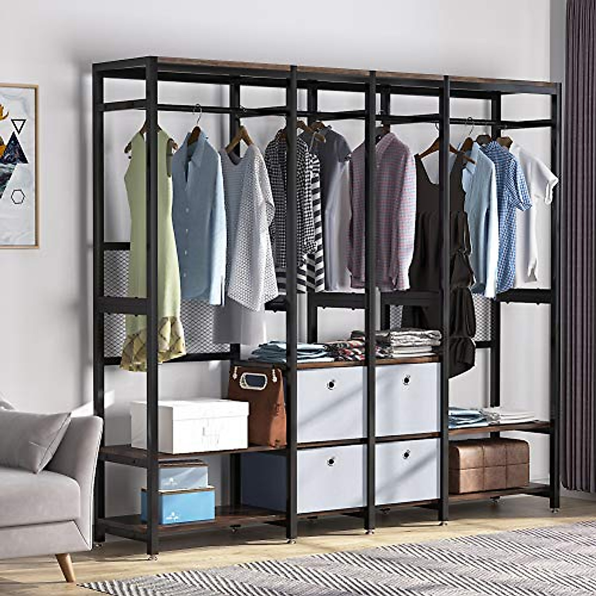 Tribesigns Freestanding Closet Organizer, Heavy Duty Clothes Closet, Extra Large Metal Garment Rack with Shelves and Hanging Rod, Vintage Walnut Board Finish & Black Metal Frame