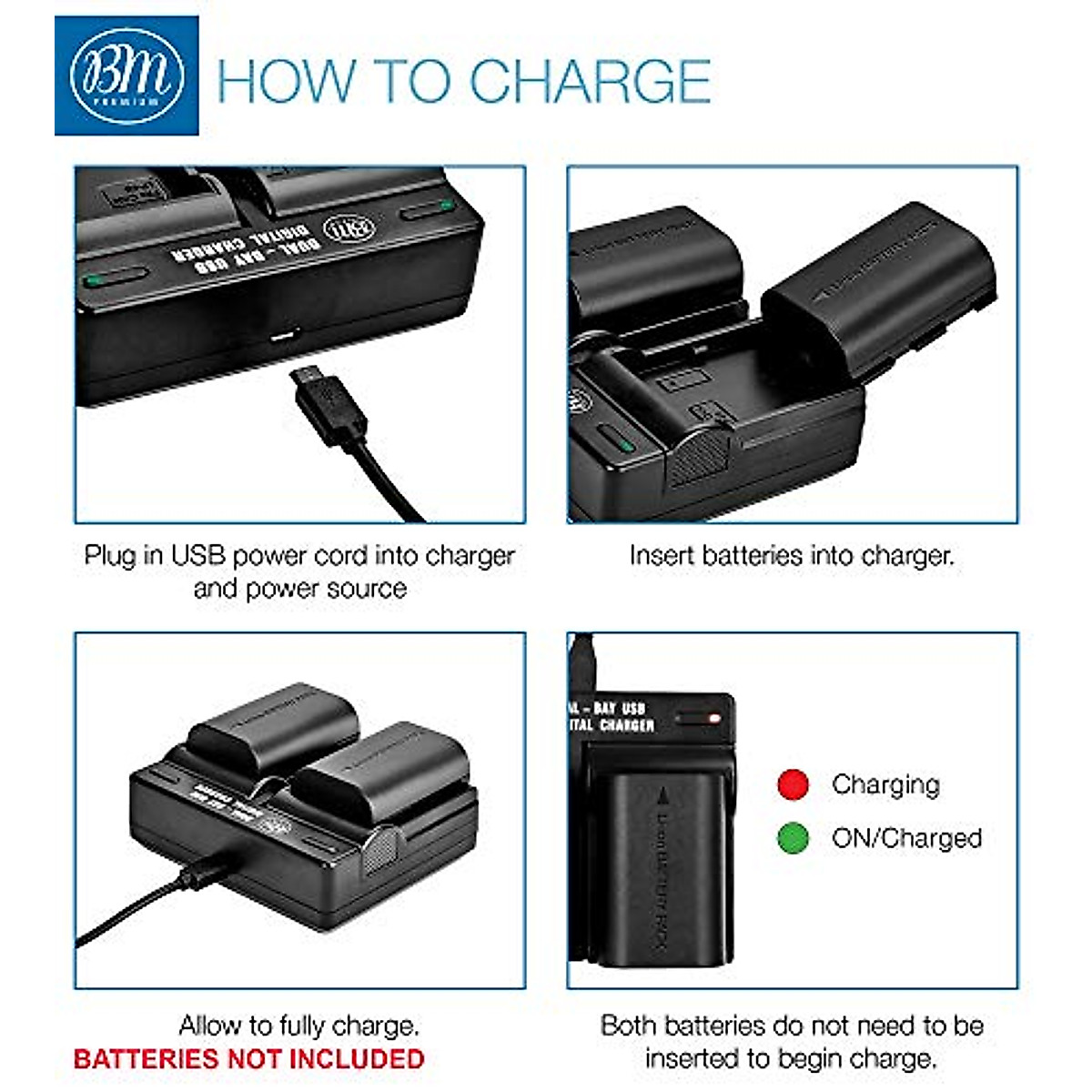 BM LP-E6N Dual Bay Battery Charger for Canon EOS R, EOS R5, EOS R6, EOS R6 II, EOS R7, EOS 90D, EOS 60D, EOS 70D, EOS 80D, EOS 5D IV, EOS 6D, EOS 6D II, EOS 7D, EOS 7D II, C700, XC10, XC15 Cameras