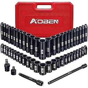 AOBEN 1/4-Inch Drive Impact Socket Set, 54 Pieces, 6 Point, SAE/Metric, (5/32" - 9/16" ，4mm -15mm)，Deep/Shallow, Cr-V Steel, Includes Extension bars and Socket Adapter