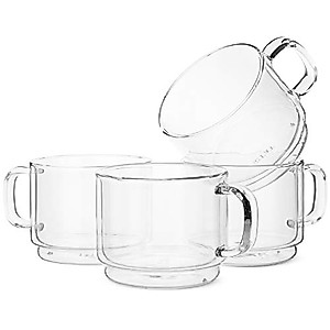 BTaT- Stackable Insulated Coffee Mug, Coffee Glass, Large, Set of 4 (16oz, 500ml), Double Wall Glass Coffee Cups, Tea Cups, Latte Cups, Glass Coffee Mug, Latte Mug, Clear Mugs, Mother's Day Gift